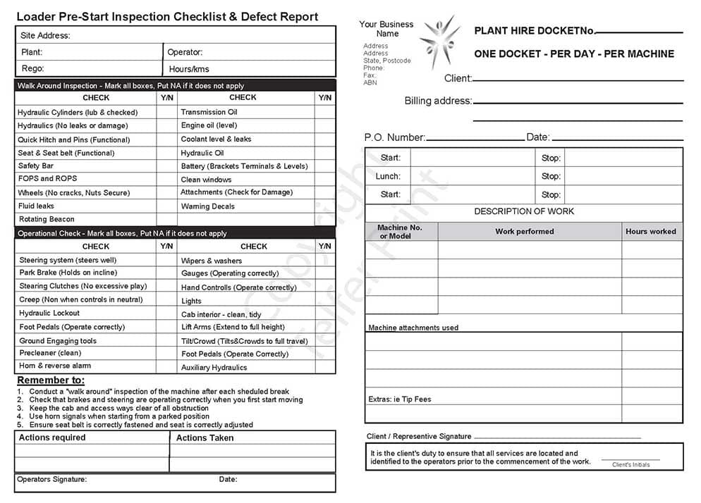 Loader Pre-Start Docket Combination Book A4 (Custom)