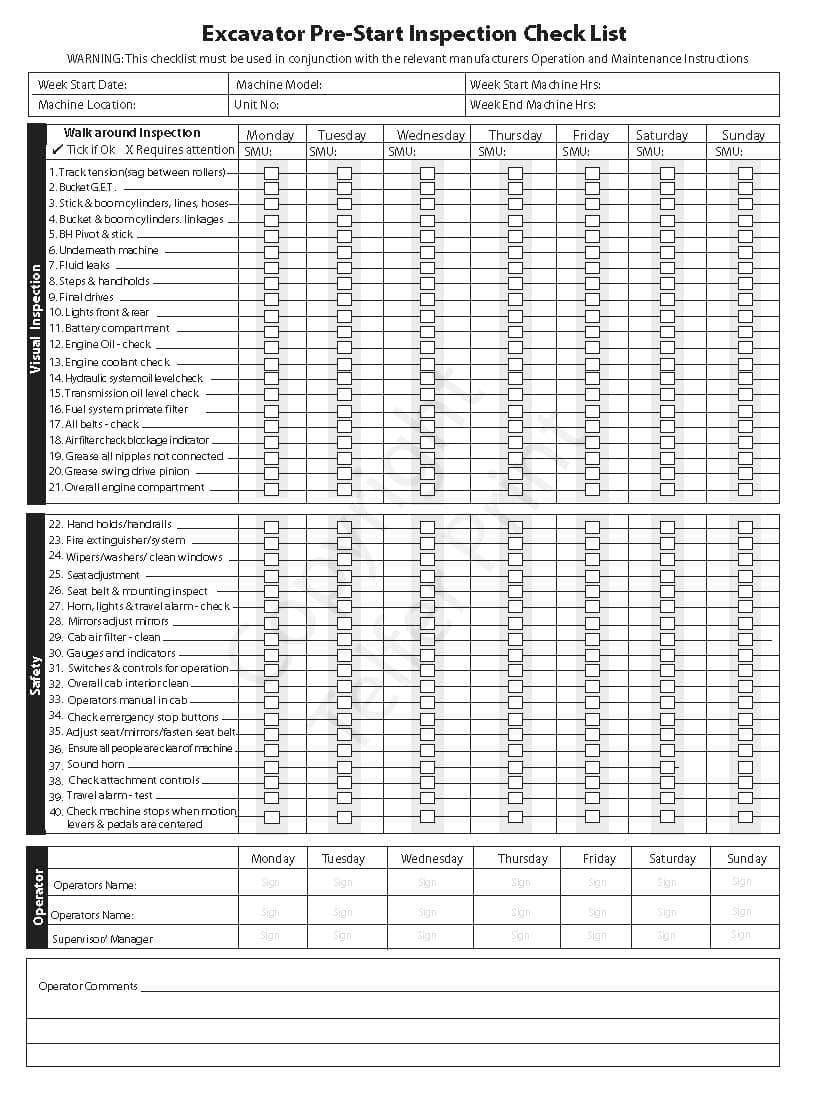Excavator Pre-Start Checklist Book A4 (Custom)